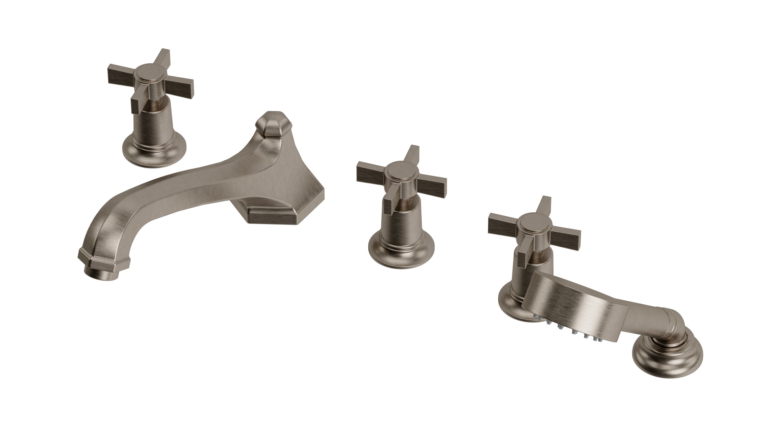 Emerson Three Handle Deck Mount Low Hexagon Bath Trim with Hand Shower